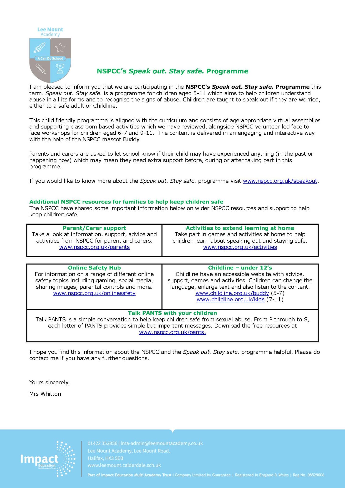 NSPCC Stay Safe | Lee Mount Academy